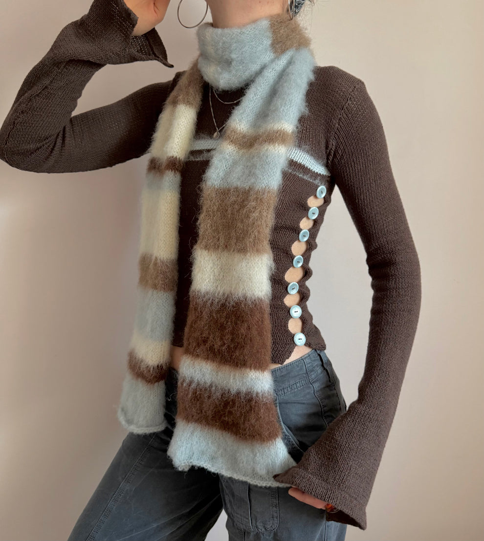 Handmade fluffy baby blue, cream and brown striped scarf – By Lualia